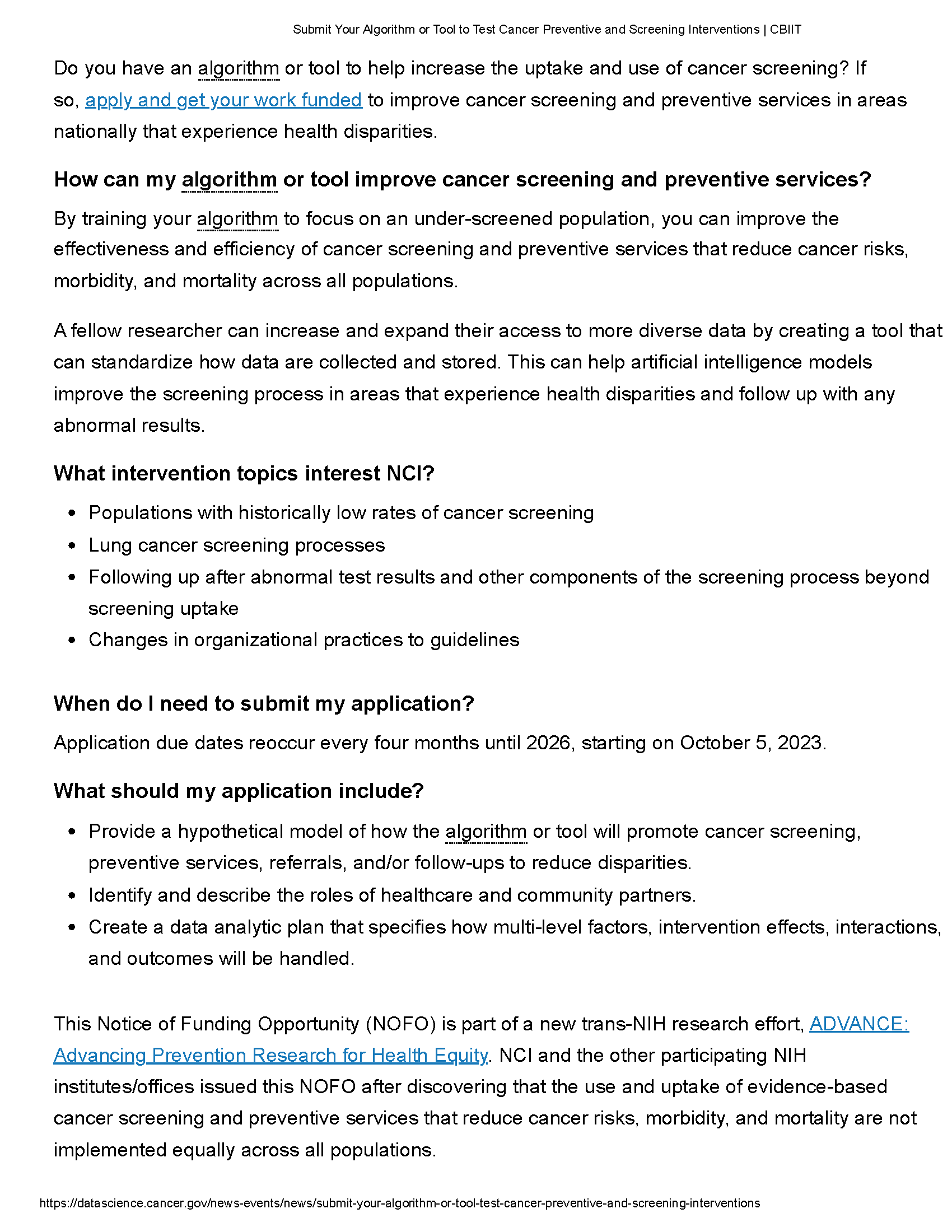 Submit Your Algorithm or Tool to Test Cancer Preventive and Screening ...